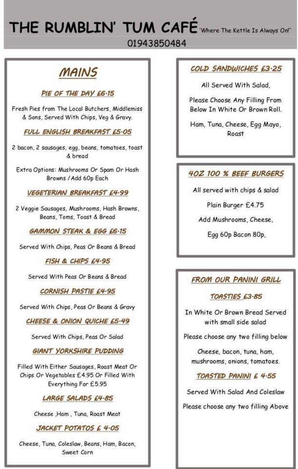 Menu at The Rumbling Tum Cafe, Otley