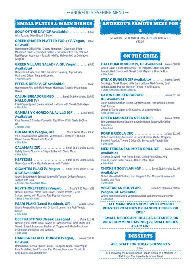 Menu at Andreou's Bistro restaurant, Arbroath