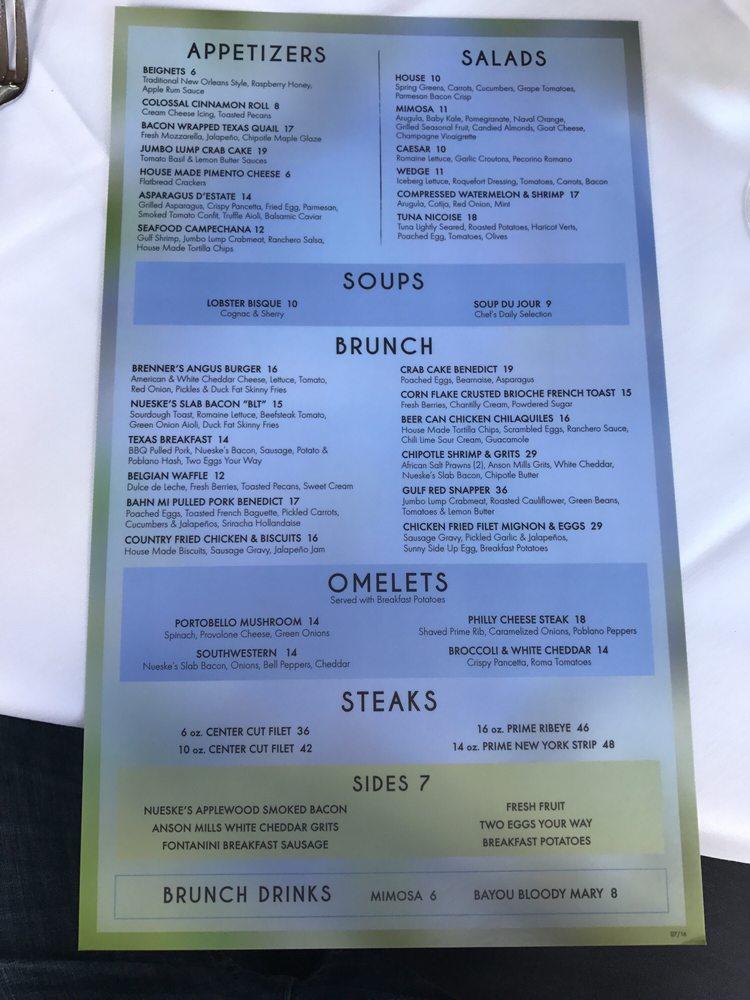 Menu at Brenner's on the Bayou steakhouse, Houston, 1 Birdsall St