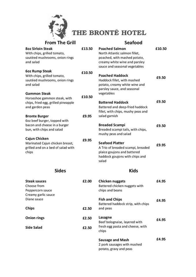 Menu at The Bronte restaurant, Keighley