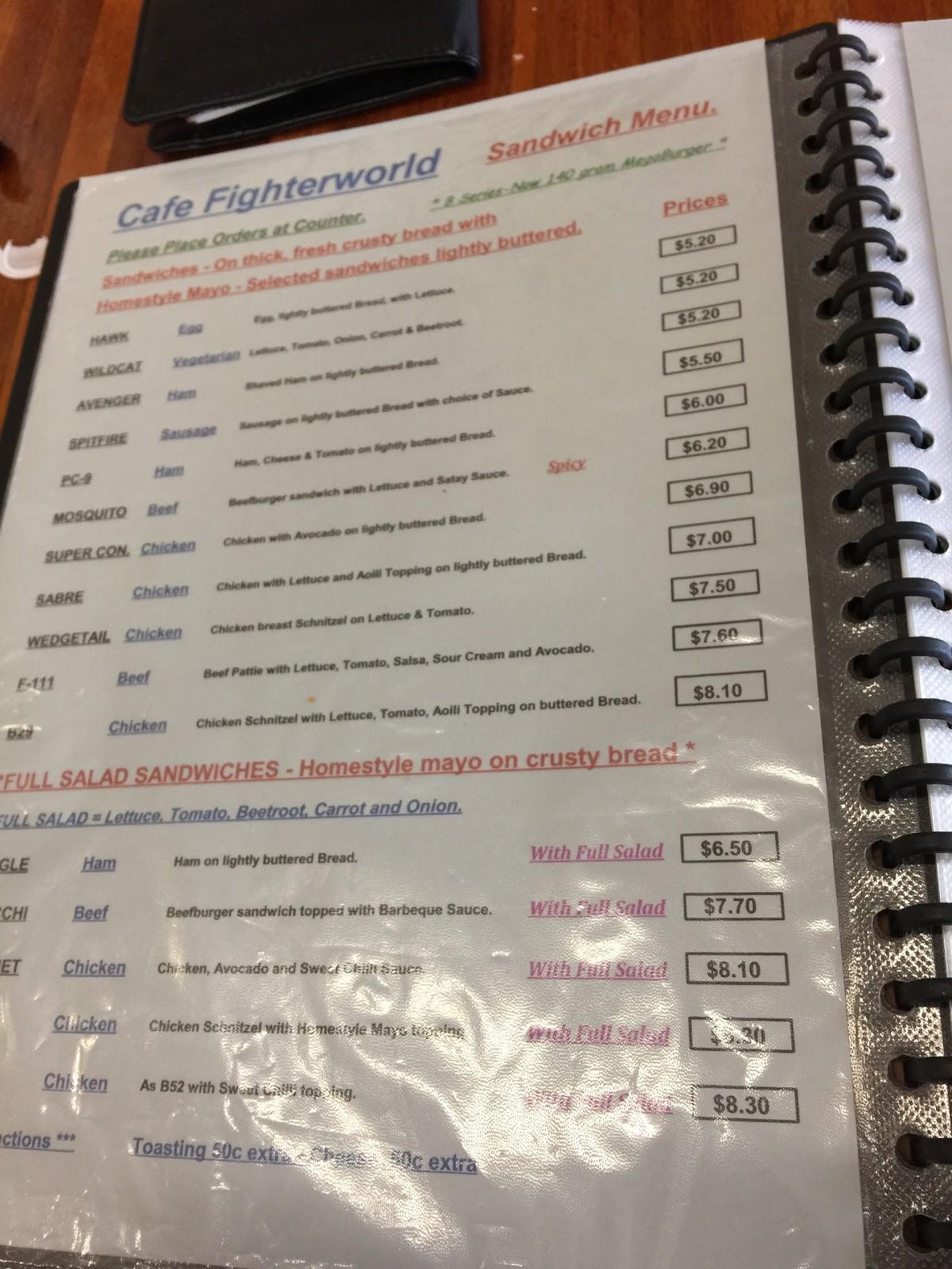 Menu at Cafe Fighterworld, Williamtown