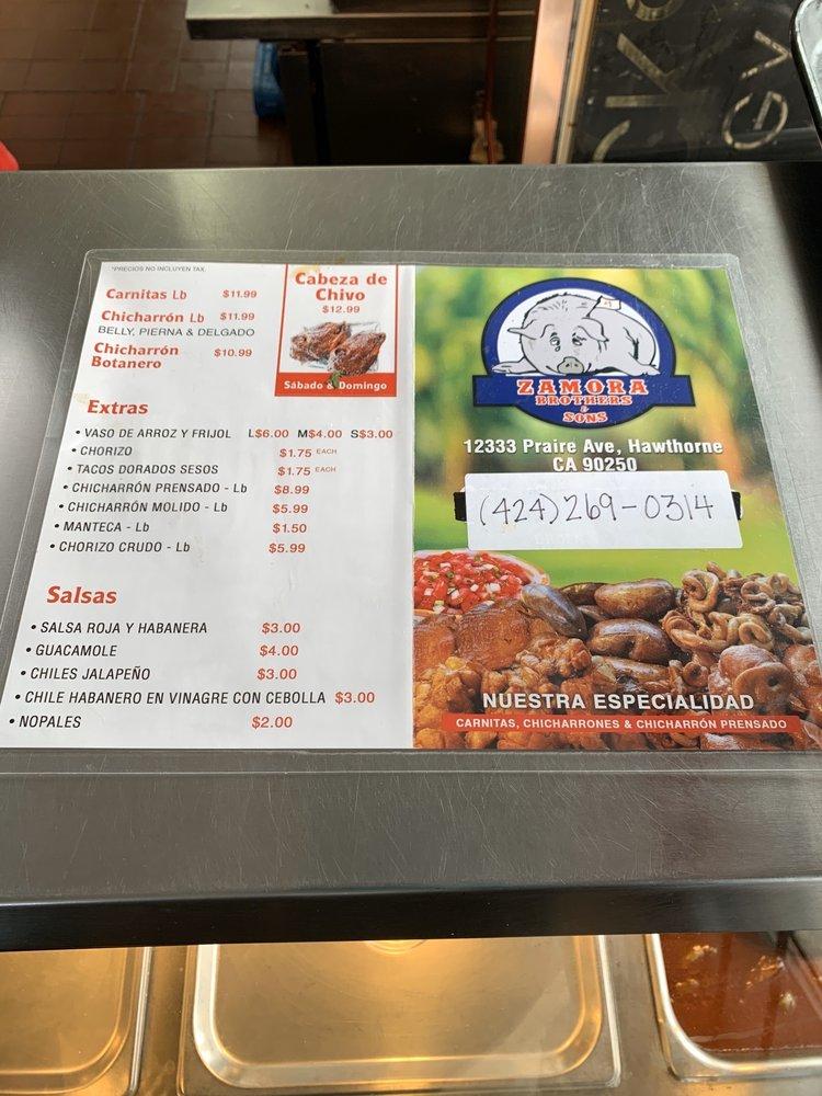 Menu at Carnitas Zamora Bros restaurant, Hawthorne