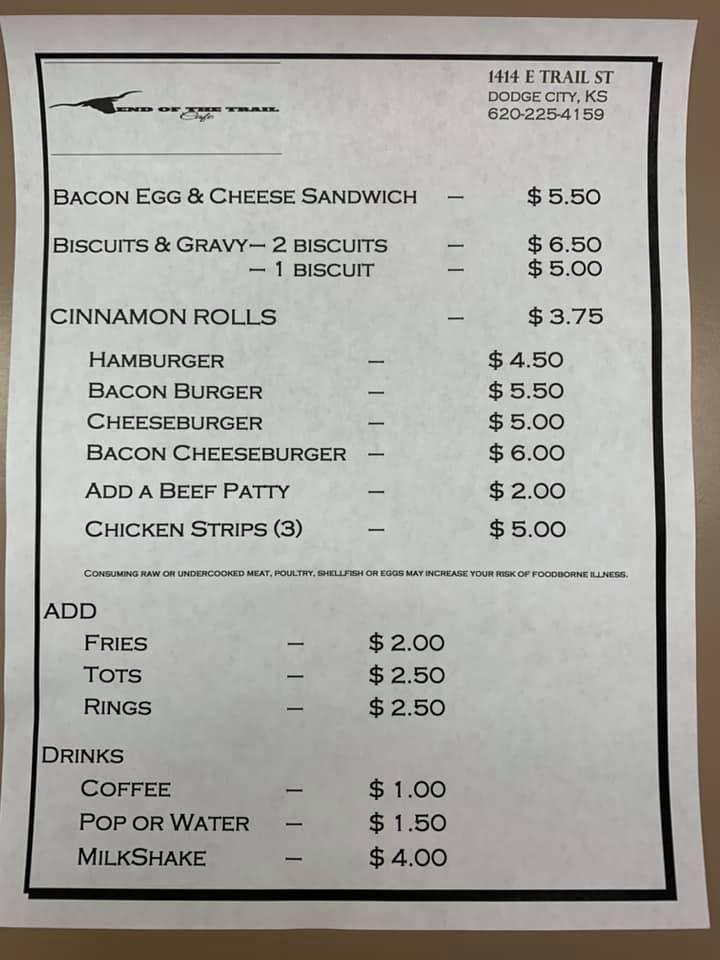Menu at End of the Trail Cafe, Dodge City