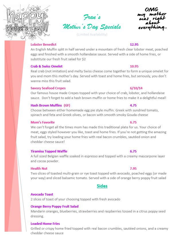 Menu at Fran's Restaurant, Lewiston