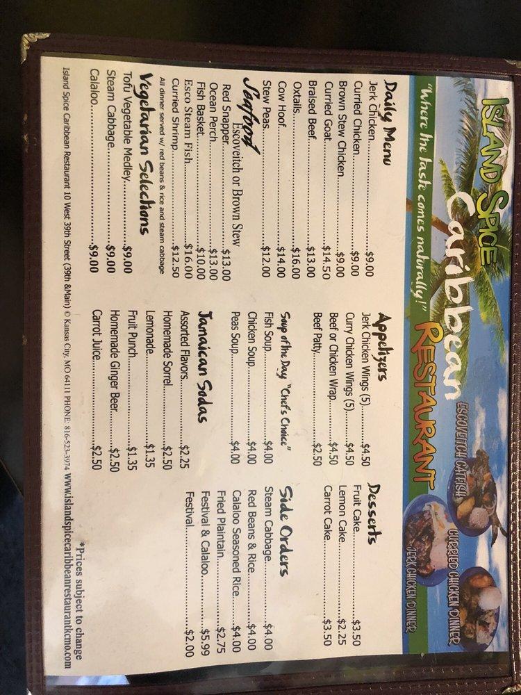 Menu at Island Spice restaurant, Kansas City