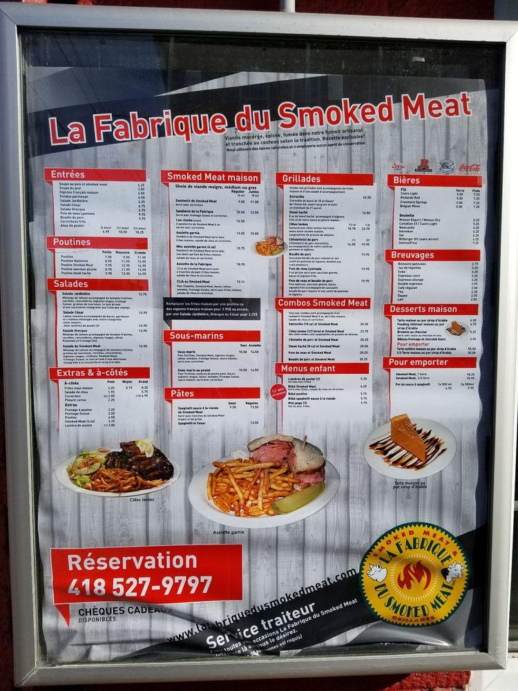 Menu at Fabrique du smoked meat restaurant, Québec City, 727 Raoul-Jobin St