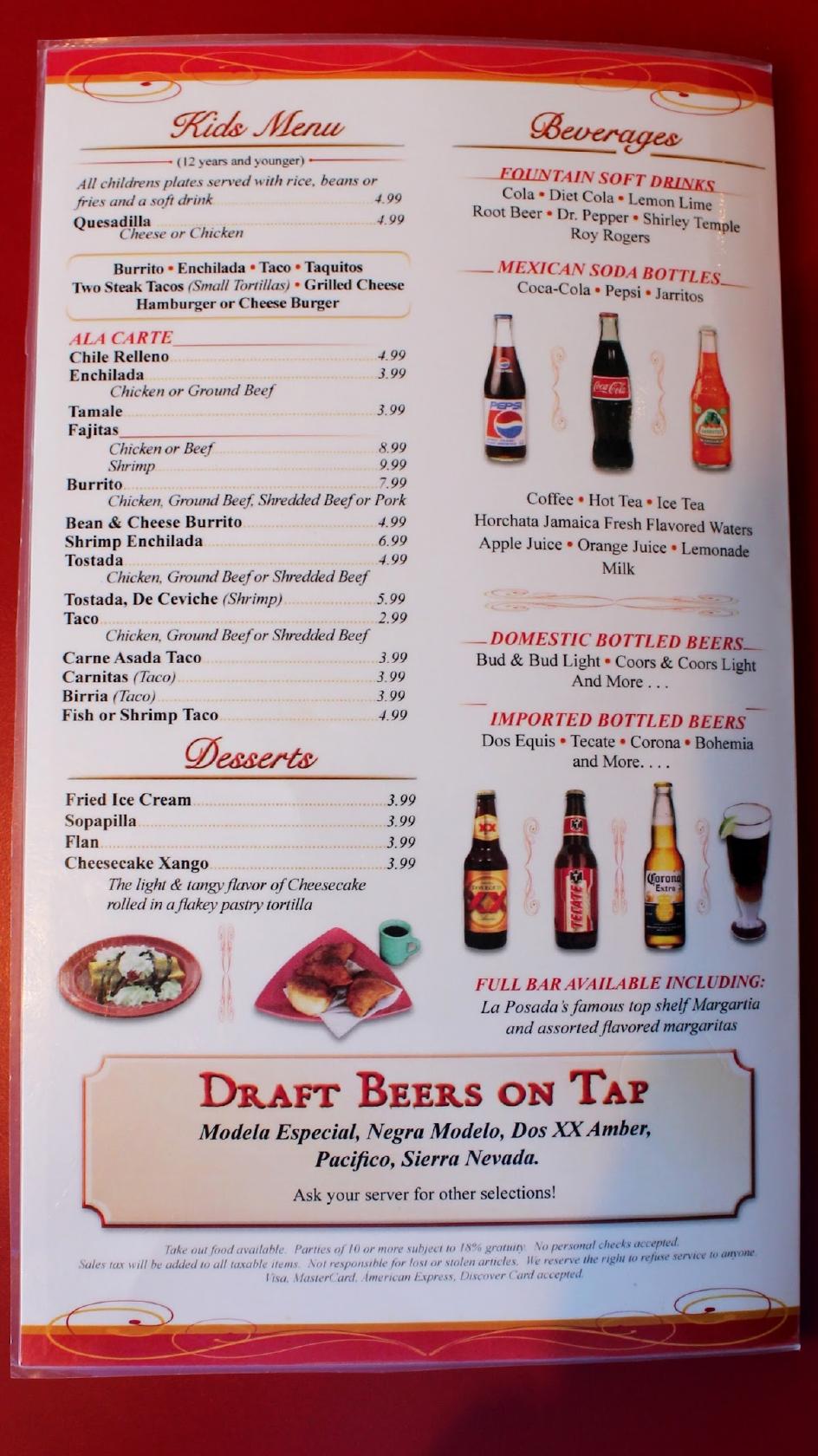 Menu at La Posada Real restaurant, Carson City