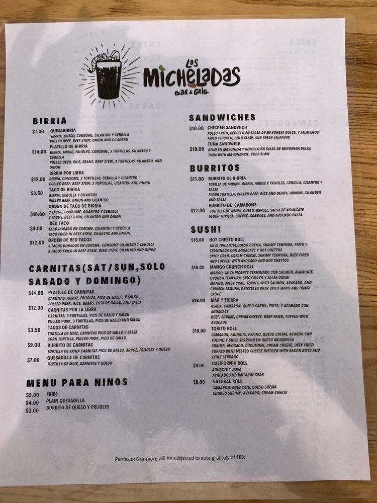 Menu at Las Micheladas Bar & Grill, Hollister