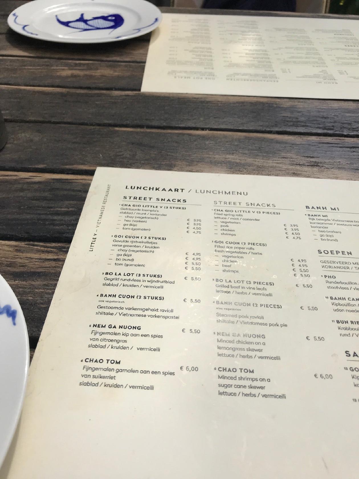 Menu at Little V Den Haag, The Hague