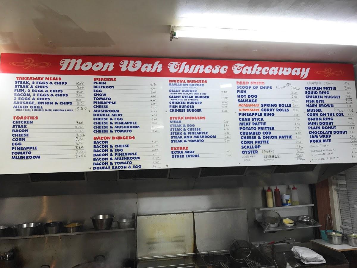 Menu at Moon Wah Takeaways restaurant, Christchurch