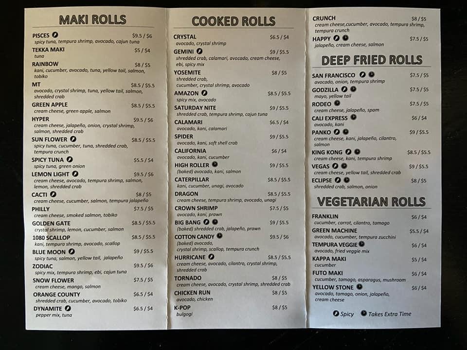 Menu at Pisces restaurant, Reno