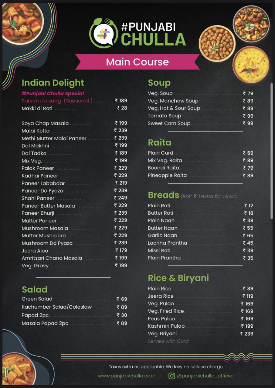 Menu at Punjabi Chulla Mohali, Sahibzada Ajit Singh Nagar