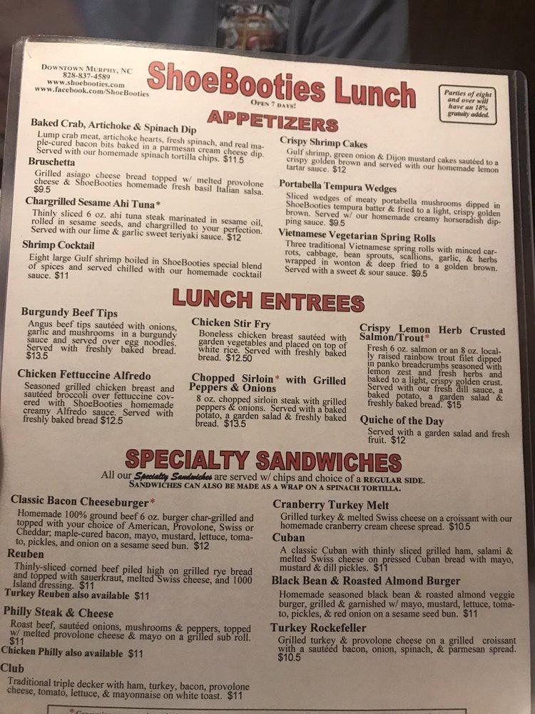 Menu at ShoeBooties Cafe, Murphy