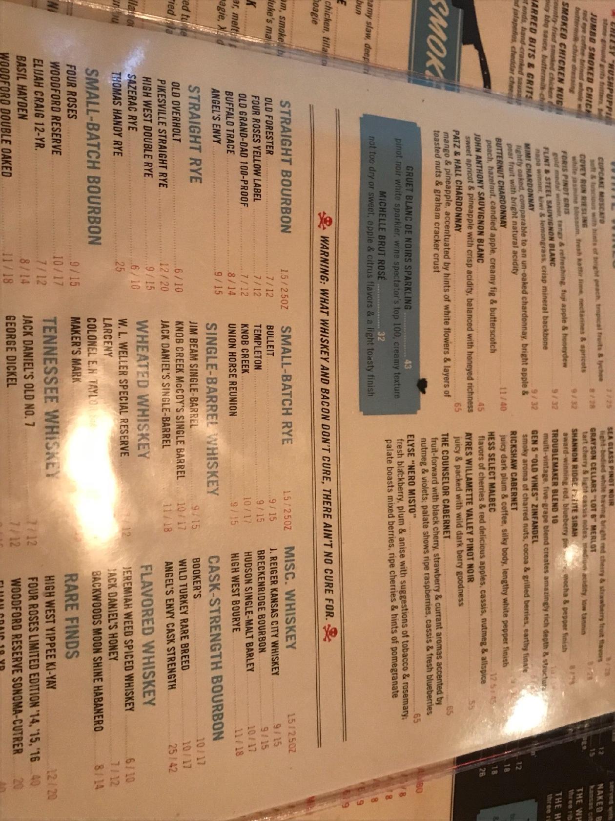 Menu at Char Bar, Kansas City