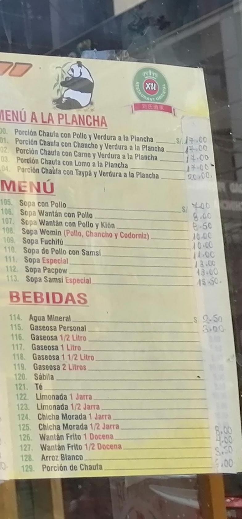Menu at Chifa XU restaurant, Peru