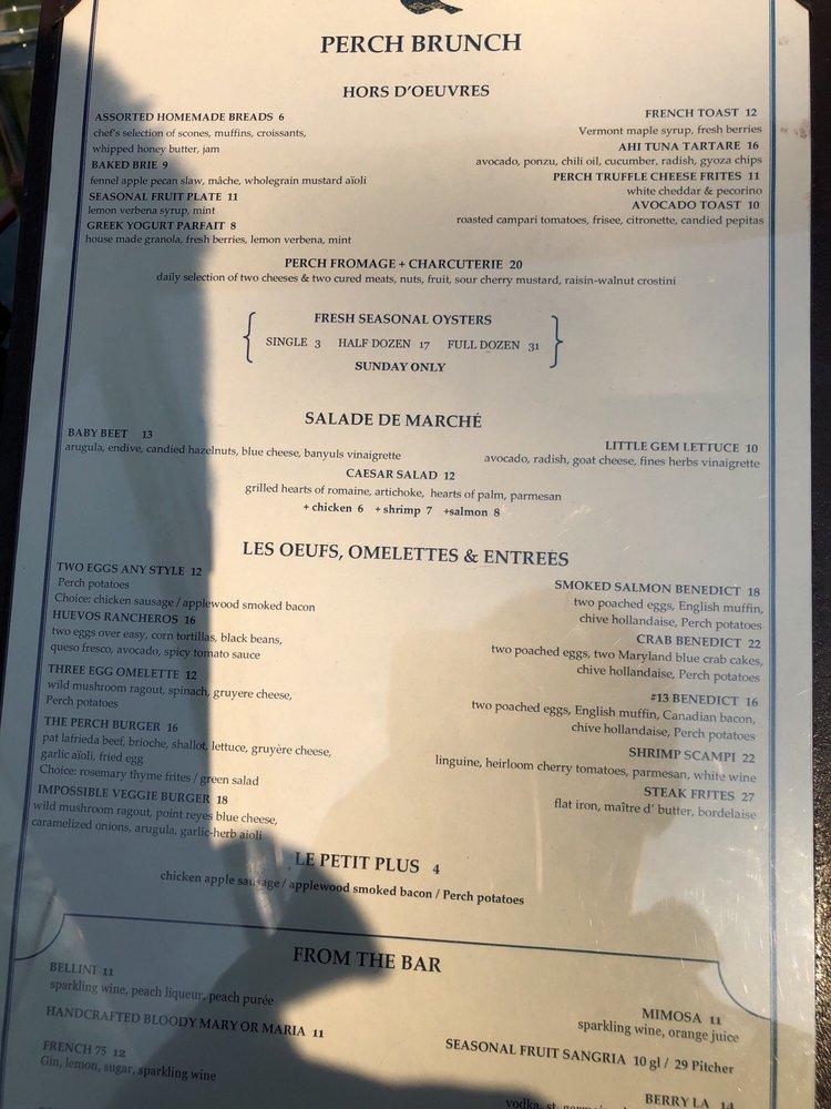 Menu at Perch restaurant, Los Angeles