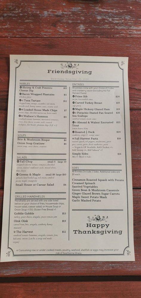 Menu at Wallace's at the Greenhouse restaurant, Homosassa