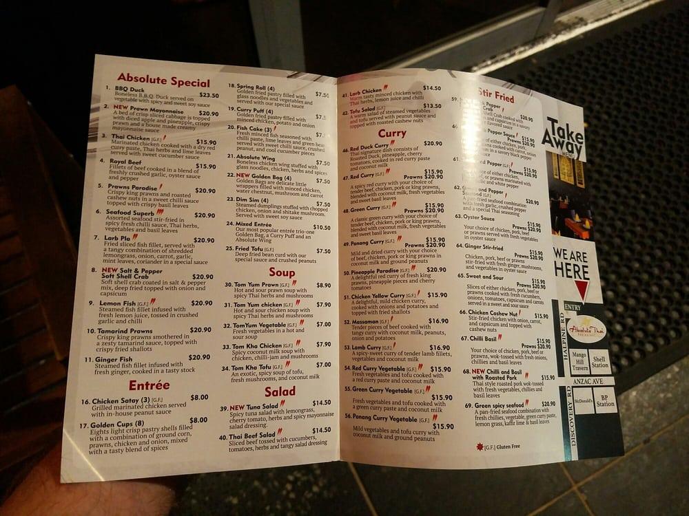 Menu at Absolute Thai restaurant, Wynnum