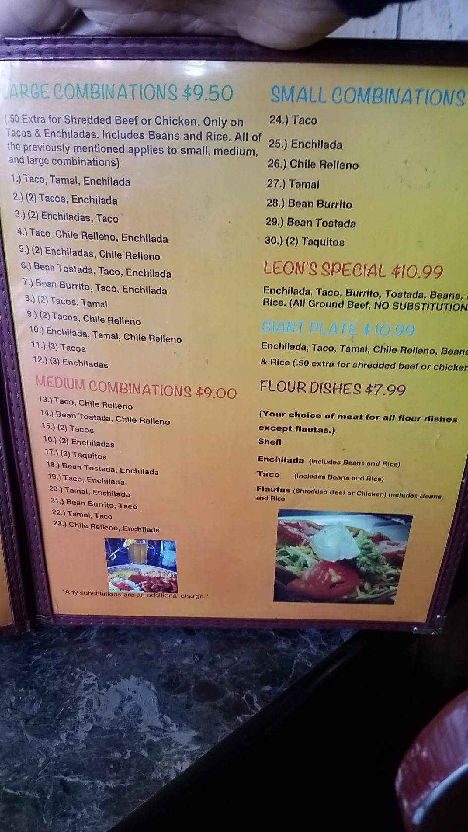Menu at Cafe Leon Mexican Restaurant, Fresno