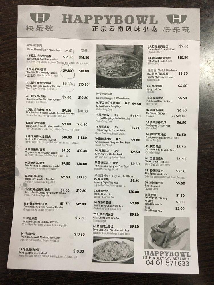 Menu at Happy Bowl restaurant, Adelaide, 13 Hindley St