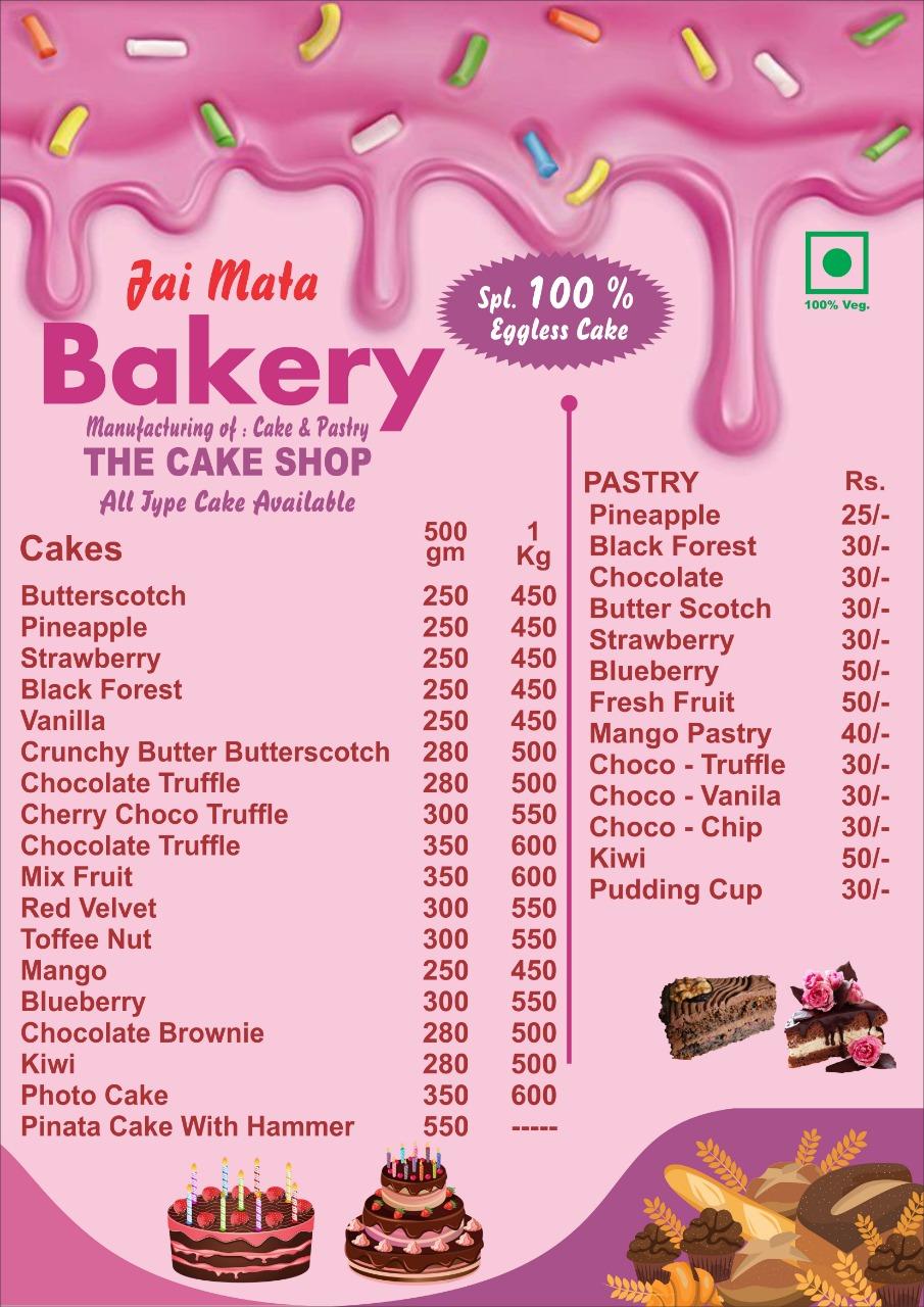 Menu at Jai mata bakery Tha cake shop, Delhi