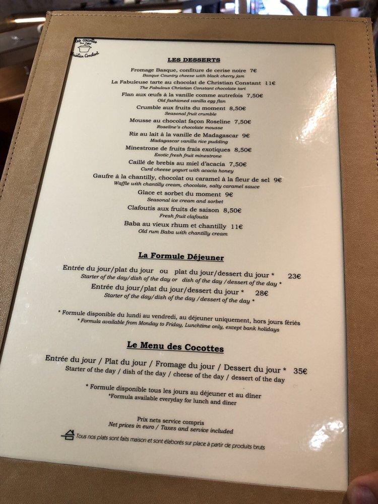 Menu at Les Cocottes restaurant, Paris, 135 Rue Saint-Dominique