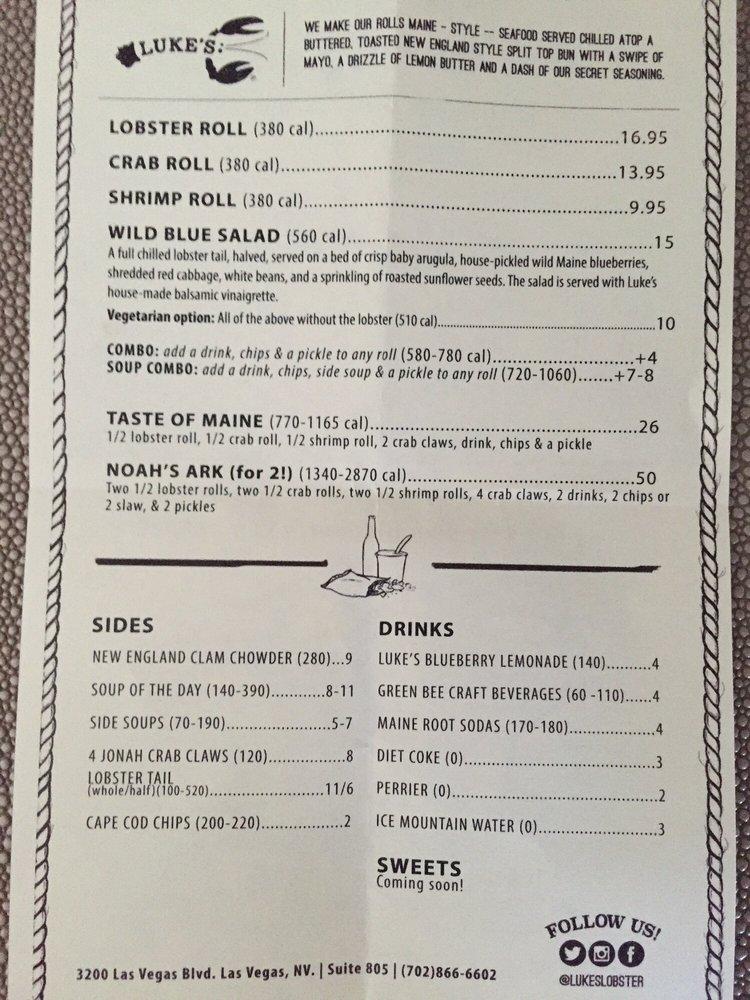 Menu at Luke's Lobster Las Vegas Fashion Show Mall restaurant, Las Vegas