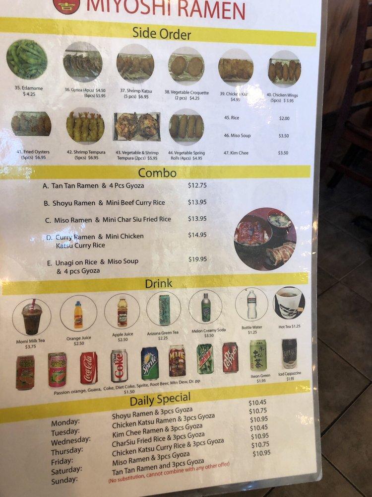 Menu at Miyoshi Ramen restaurant, Kailua