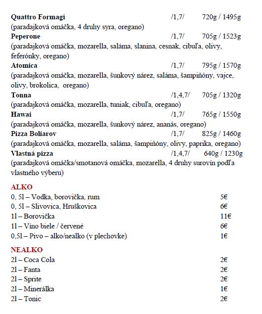 Menu at Pizza Bidovce restaurant, Bidovce