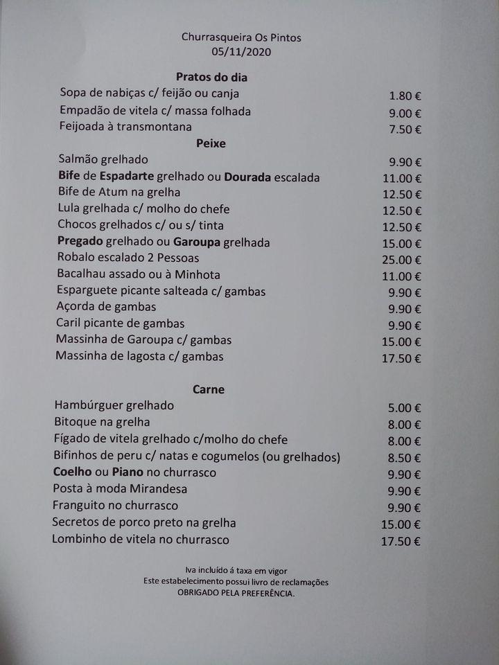 Menu em Os Pintos restaurante, Alverca do Ribatejo