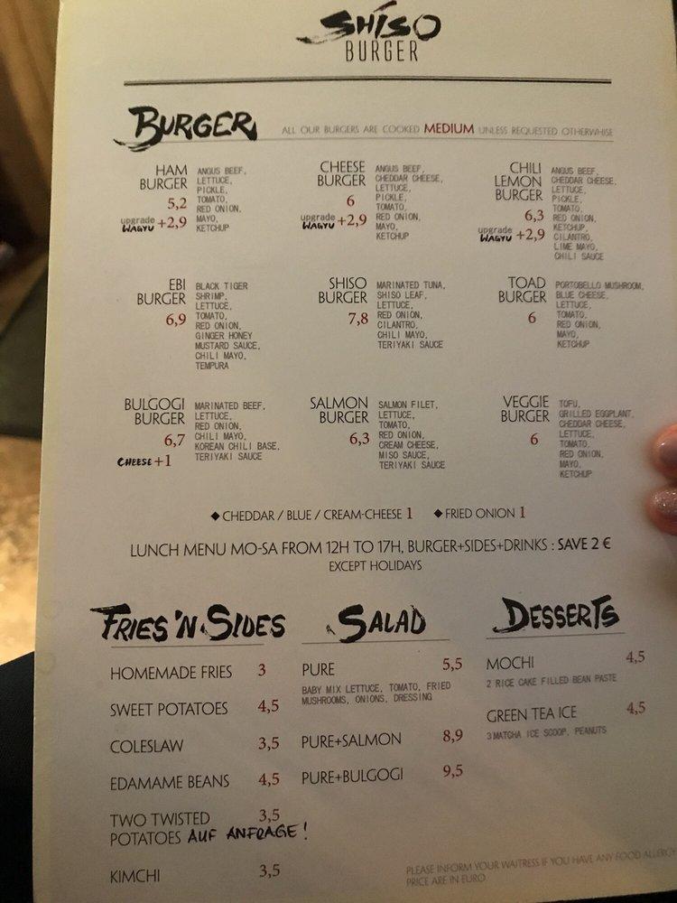 Menu at Shiso Burger restaurant, Berlin, Auguststraße 29C