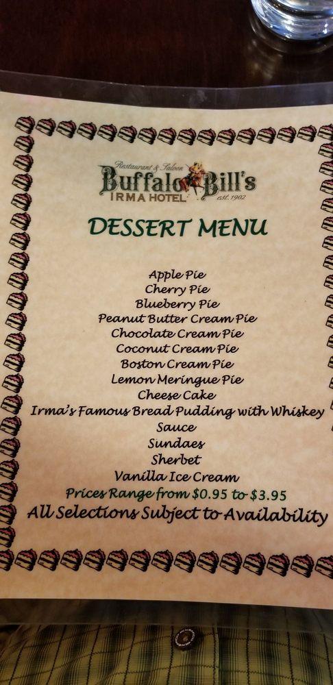 Menu at Buffalo Bill's Irma Hotel & Restaurant, Cody