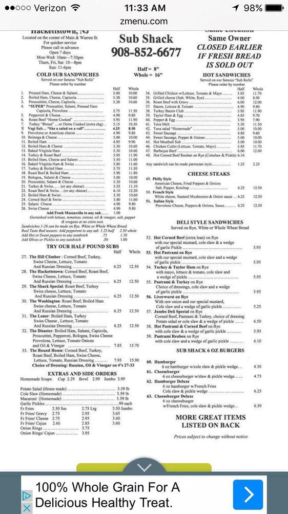 Menu at Sub Shack & Deli restaurant, Hackettstown