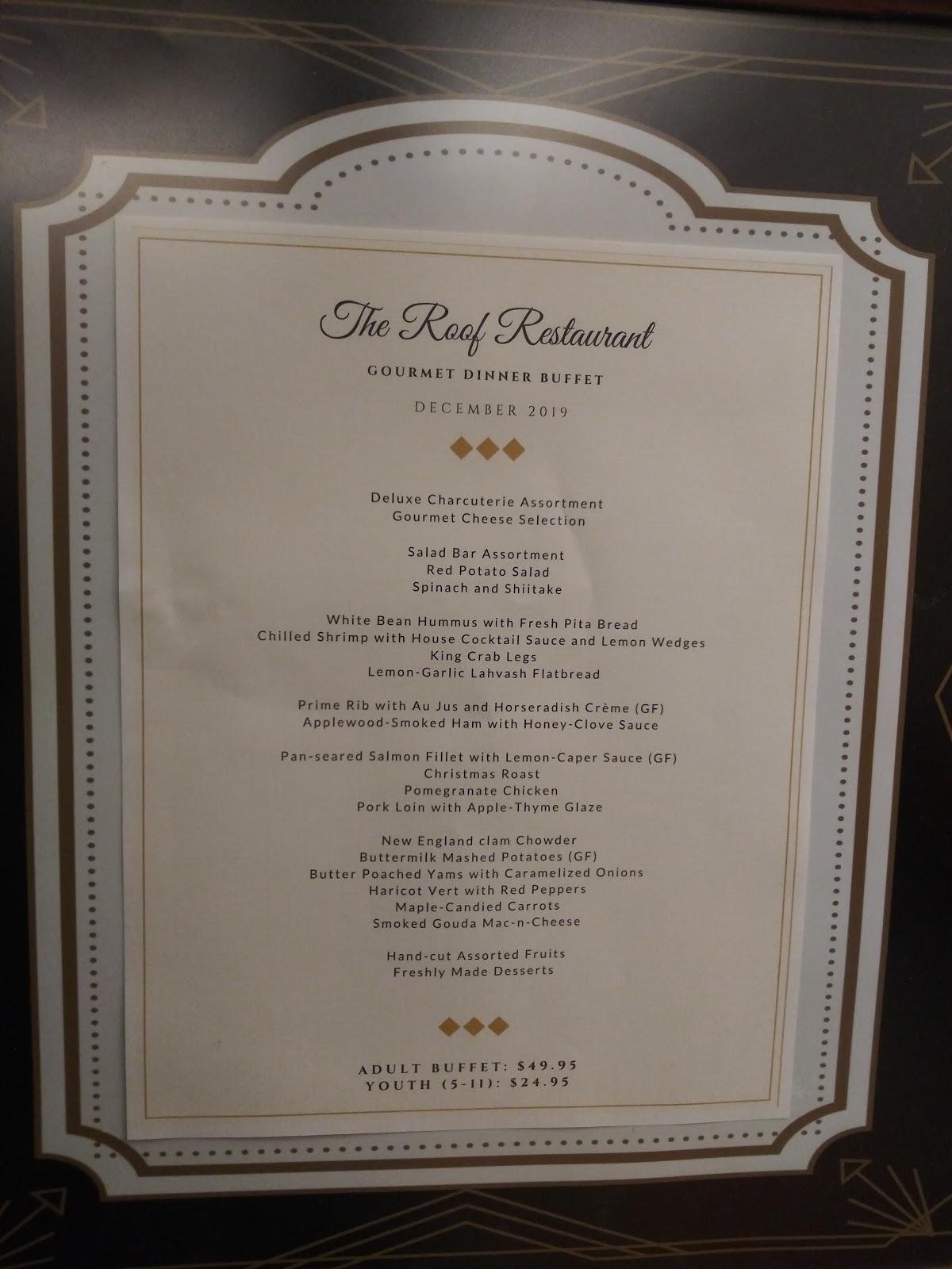 Menu at The Roof restaurant, Salt Lake City