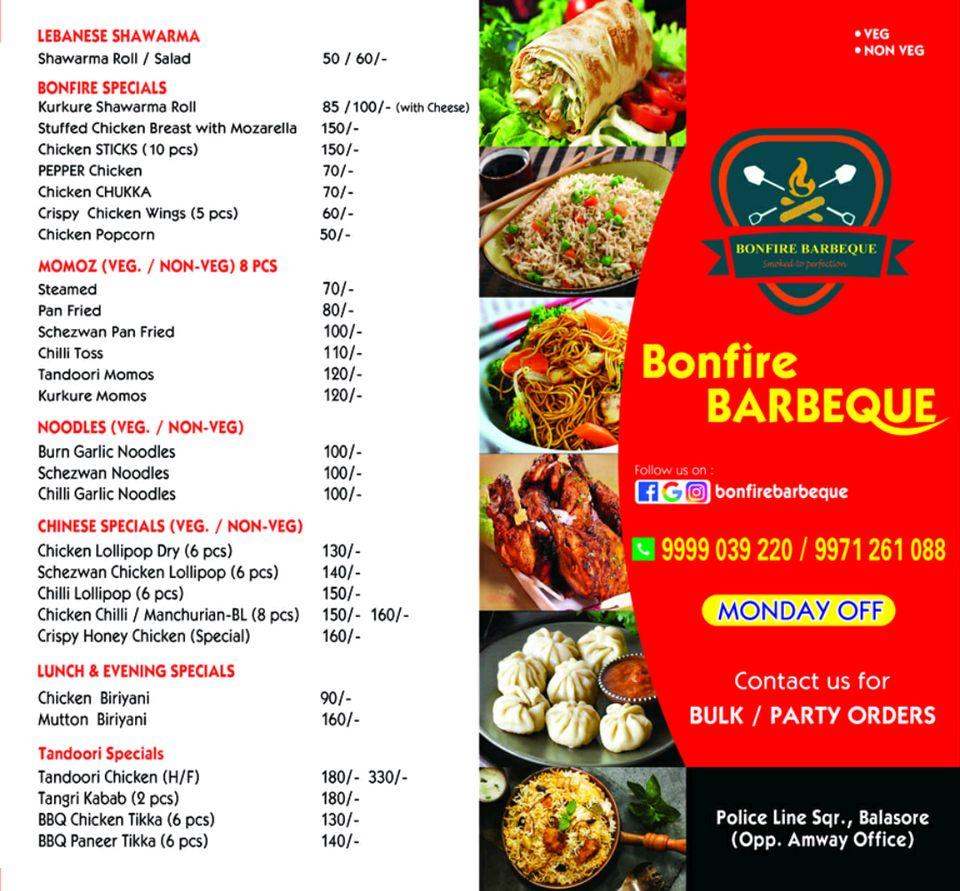Menu at Bonfire Barbeque, Balasore