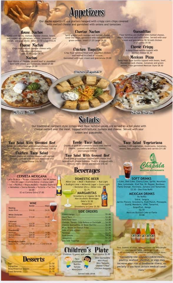 Menu at Chapala Mexican restaurant Pocatello, Chubbuck