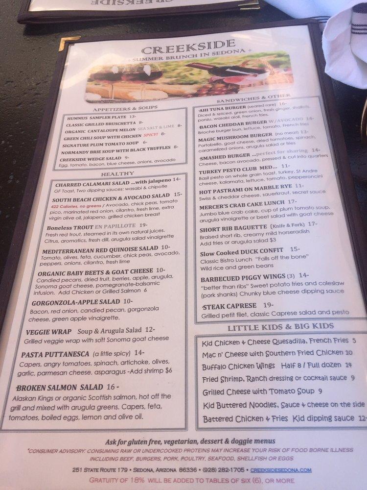 Menu at Creekside American Bistro pub & bar, Sedona, 251 AZ-179