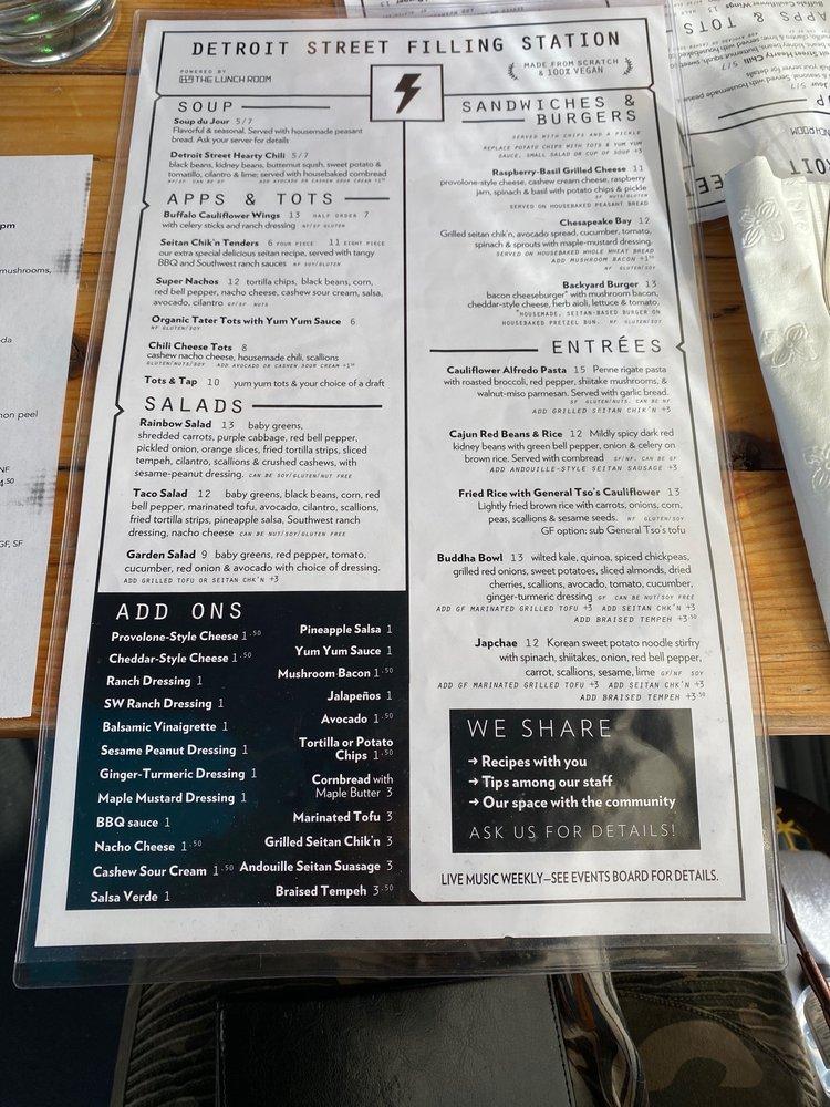 Menu at Detroit Street Filling Station restaurant, Ann Arbor