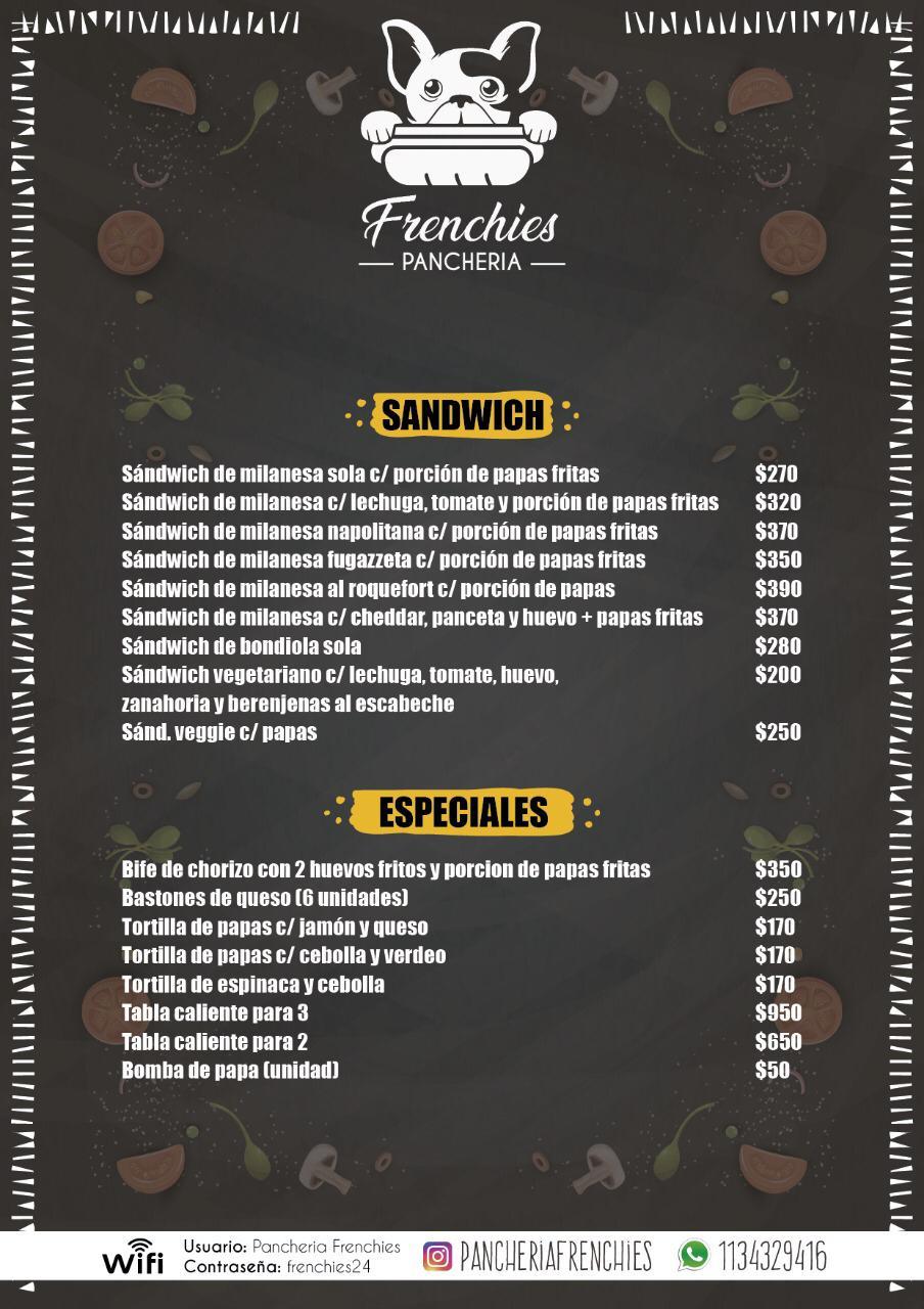 Menu at Frenchies Panchería restaurant, San Antonio de Padua
