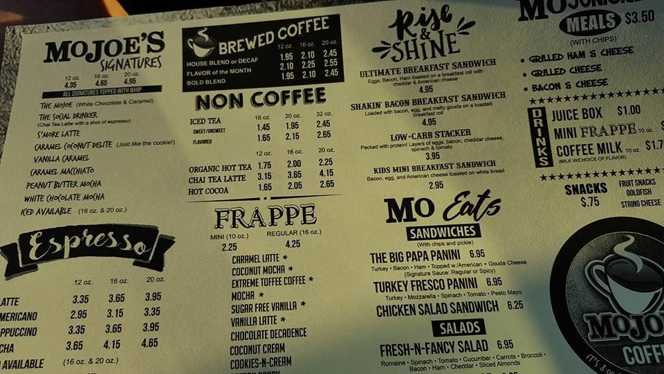 Menu at MoJoe's cafe, Neosho