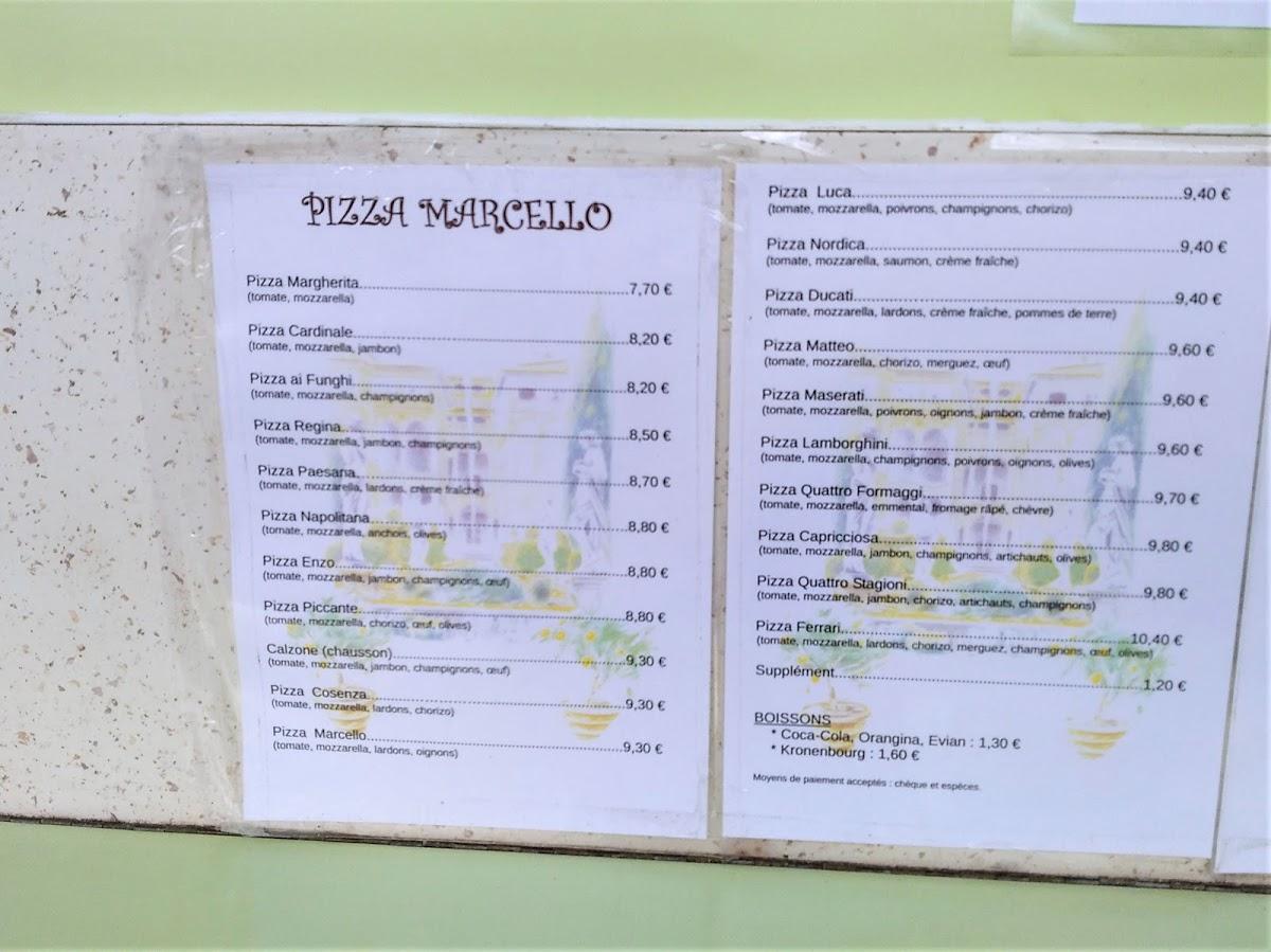Menu au Pizza Marcello pizzeria, France