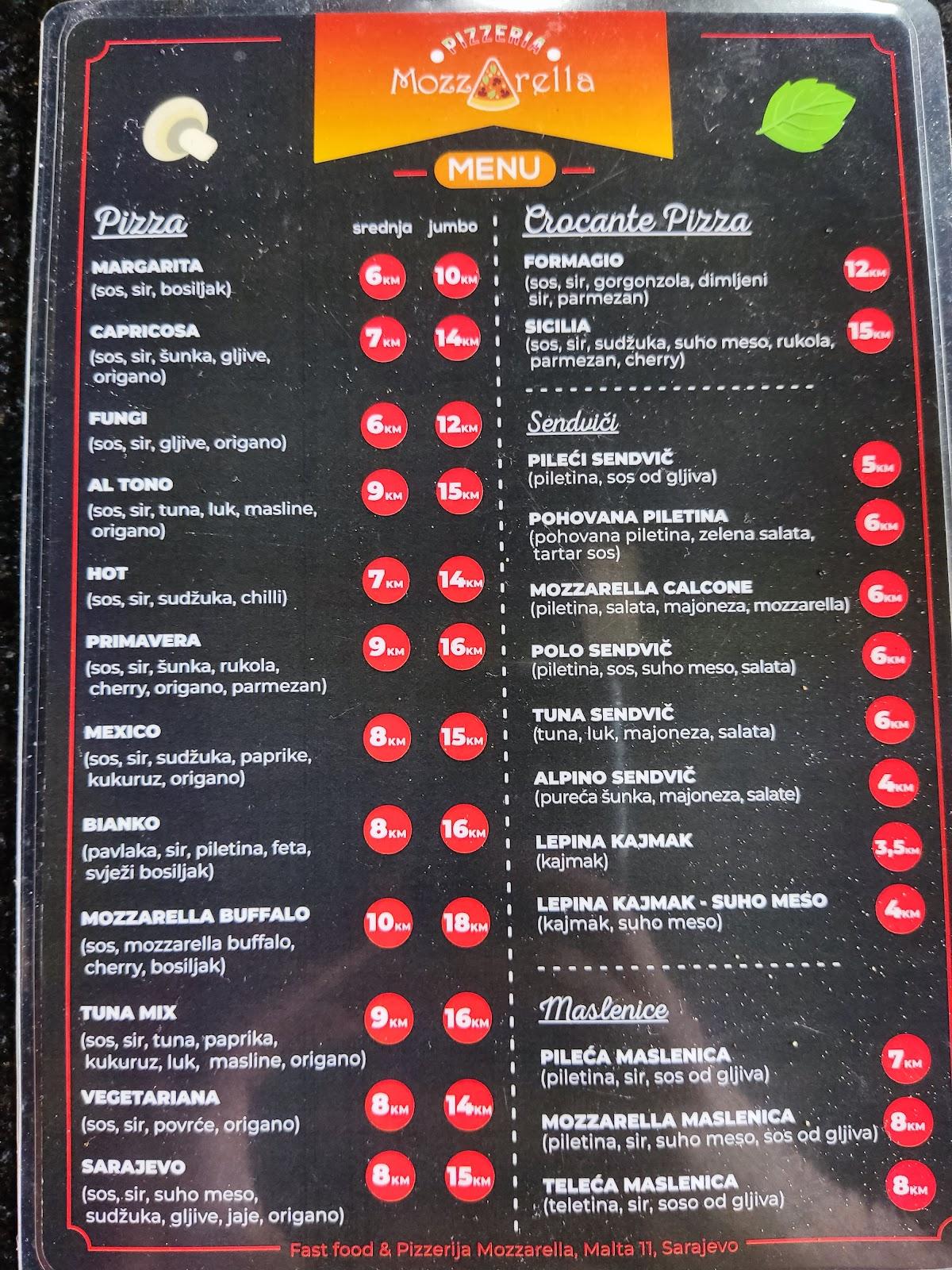 Menu at Pizzeria Mozzarella, Sarajevo