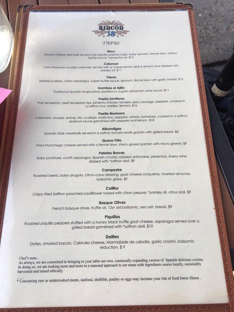Menu at Rincón 38 restaurant, Minneapolis