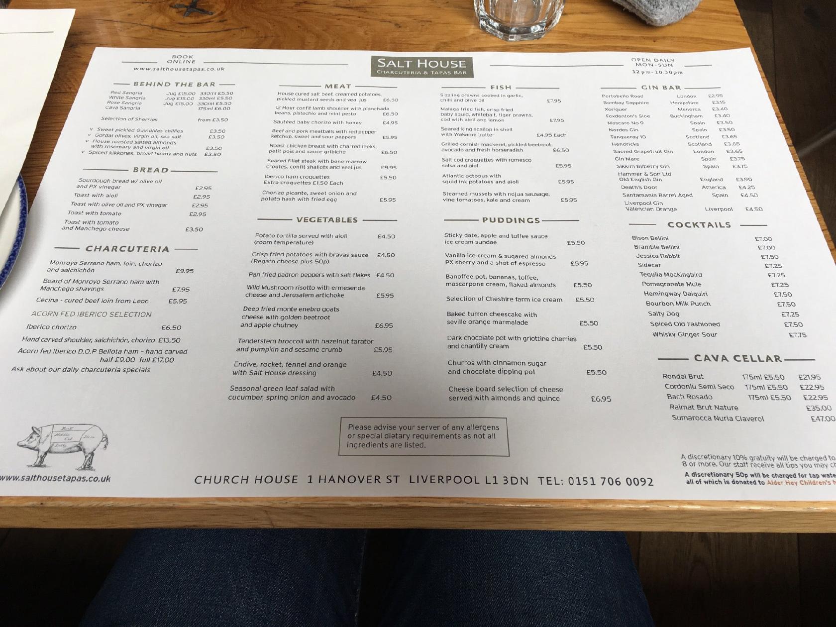 Menu at Salt House Tapas pub & bar, Liverpool