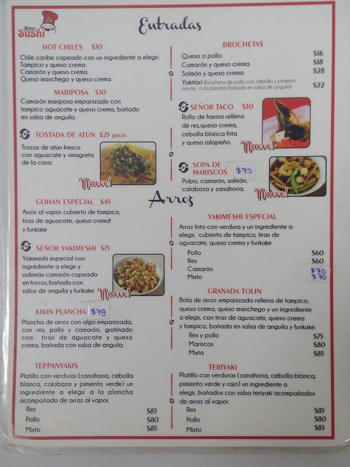 Carta del restaurante Señor Sushi, Guamúchil