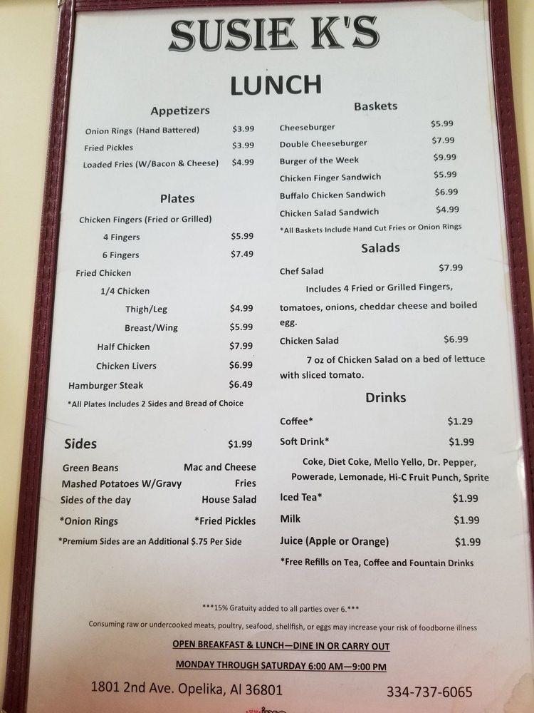 Menu at Susie Ks restaurant, Opelika