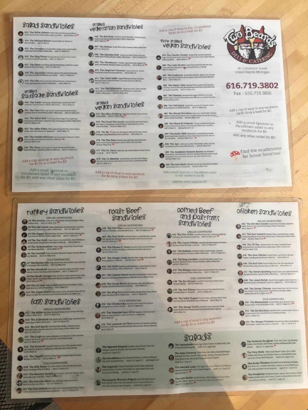 Menu at Two Beards Deli restaurant, Grand Rapids