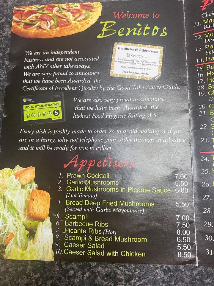 Menu at Benitos fast food, Sheffield