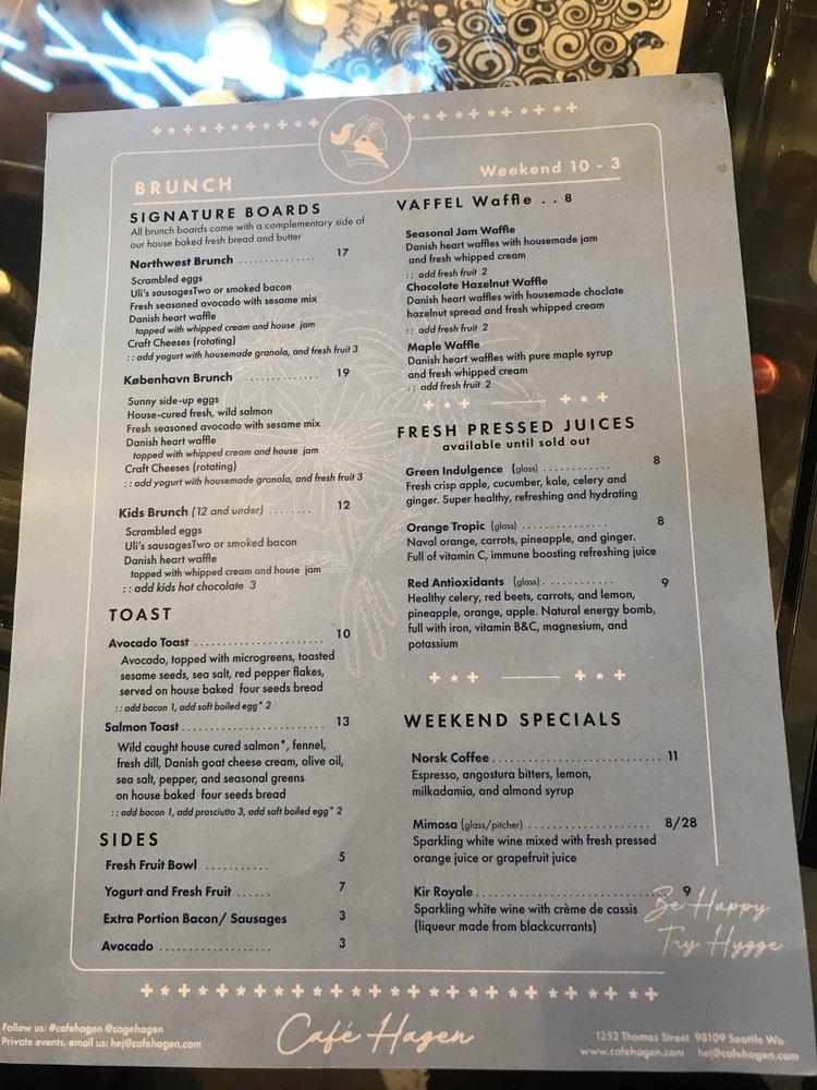 Menu at Café Hagen Modern Scandinavian Café cafe, Seattle, Thomas St