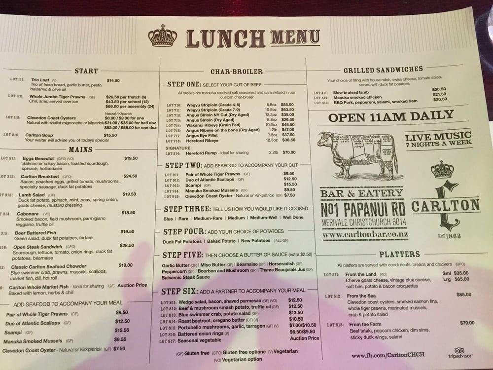 Menu at Carlton Bar & Steakhouse, Christchurch
